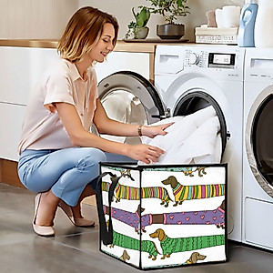 Cartoon Dachshund Dogs Storage Bin Collapsible Toy Storage Basket Cube Laundry Basket Waterproof Nursery Hamper with Handles for Kids Boys Kids Toys Shelf Laundry Girls Home Decor