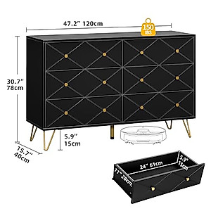 DWVO Large 6 Drawer Dresser for Bedroom, Black Wood Dresser Chest of Drawers with Fluted Panels, Modern 47" W TV Stand Double Dressers Storage Cabinet for Living Room, Hallway, Entryway