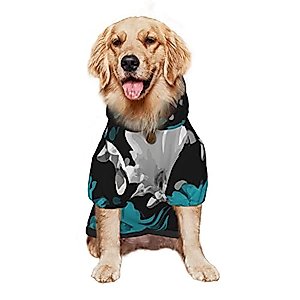 Large Dog Hoodie Black-White-Teal-Daisy-Flowers Pet Clothes Sweater with Hat Soft Cat Outfit Coat Xx-Large