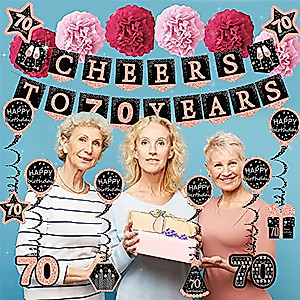 70th birthday decorations for women - (21pack) cheers to 70 years rose gold glitter banner for women, 6 paper Poms, 6 Hanging Swirl, 7 decorations stickers. 70 Years Old Party Supplies gifts for women