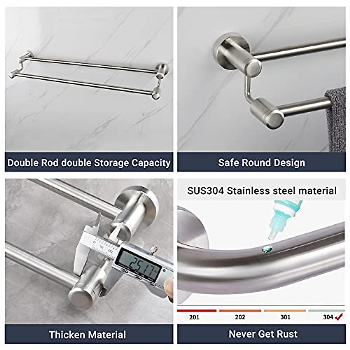 TocTen Double Bath Towel Bar - Thicken SUS304 Stainless Steel Towel Rack for Bathroom, Bathroom Accessories Double Towel Rod Heavy Duty Wall Mounted Towel Holder (Brushed,24IN)