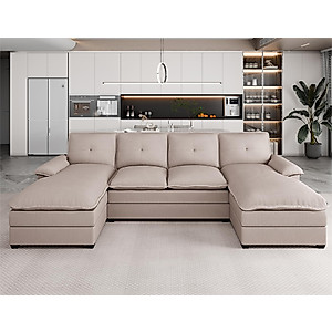 JAMFLY Sectional Couches for Living Room, U-Shaped Couch 4 Seat Sofas with Double Chaises, Modular Sectional Sofa Set for Apartment Furniture for Apartment, Dark Beige