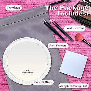 MIYADIVA 20x Magnifying Mirror with Suction Cup and Eyebrow Tweezers Kit for Women, Hair Removal Tweezers Travel Set Including High Magnification Magnified Mirror，5 Inch