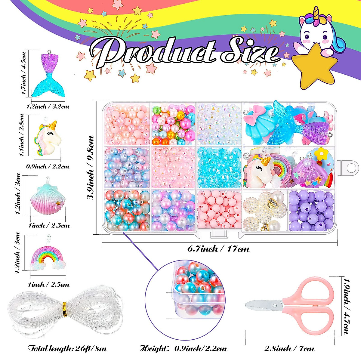 Juexica 540 Pieces Unicorn Mermaid DIY Bead Jewelry Making Kit for Rainbow Shell Necklace Bracelet Craft Art for Unicorn Mermaid Charms for Jewelry Making