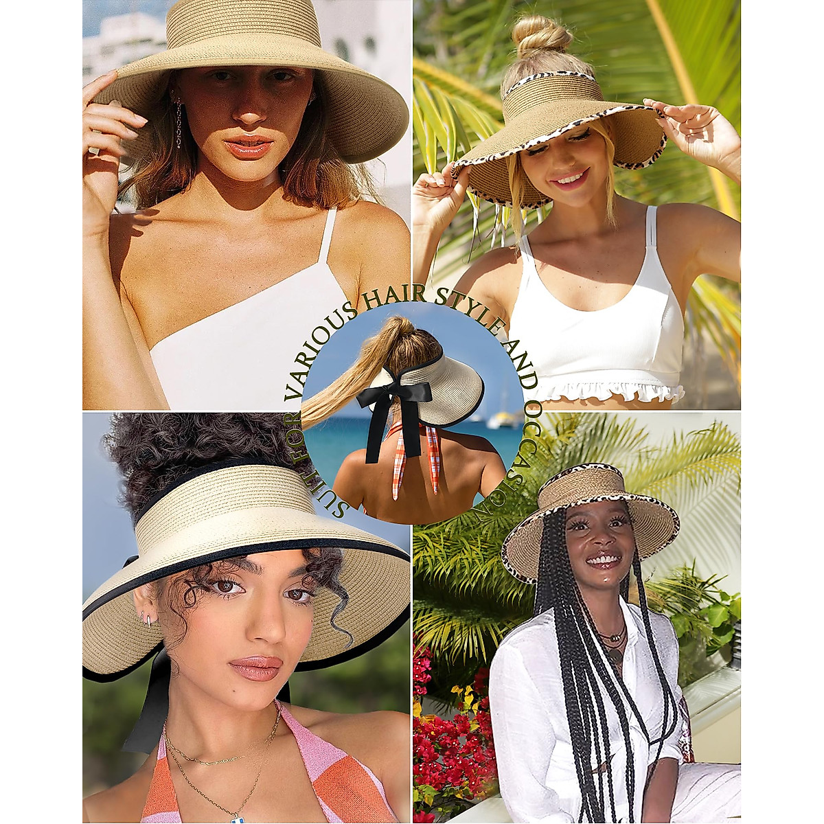Camptrace Sun Visors for Women Wide Brim Beach Hat UPF 50+ Foldable Straw Visor Hat Ponytail Summer Packable Black