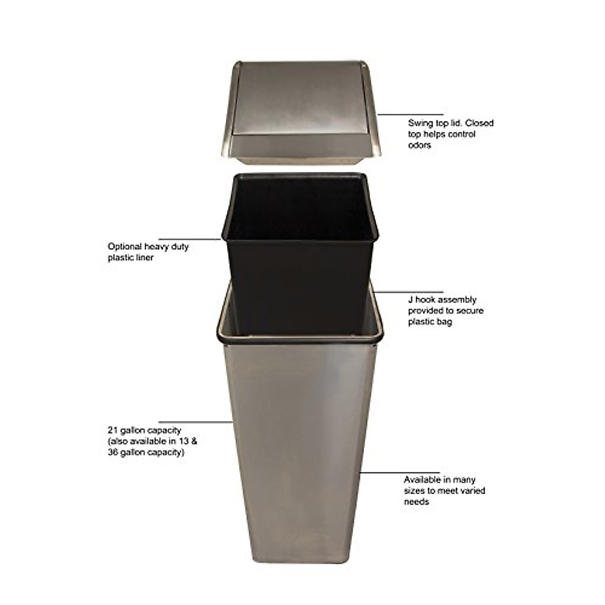 Witt Industries 1411HTSS Stainless Steel 21-Gallon Waste Watcher Hamper and Swing Top Receptacle, Square, 15" Width x 15" Depth x 38" Height, Silver