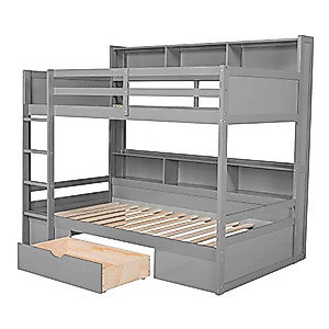 Merax Twin Size Bunk Bed with Built-in Shelves Beside Both Upper and Down Bed and Storage Drawer, Twin Over Twin Solid Wood Bed Frame for Teens, Grey