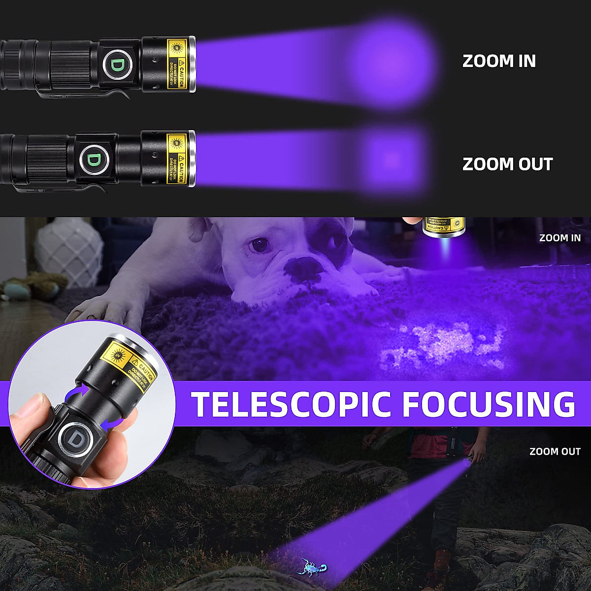 DARKDAWN UV 395nm Light Flashlights USB Rechargeable Ultraviolet LED Blacklight Mini Wood’s Lamp Portable Blacklight for cat Urine Detection Dry Stains, Uranium Glass, Leak Detection, D15 395 nm