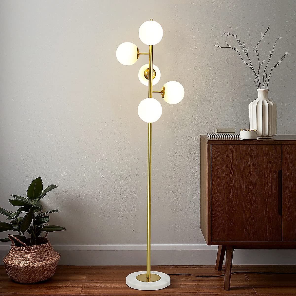 KCO Lighting 5-Light Frosted White Glass Globe Floor Lamp Mid Century Modern Gold Tall Pole Standing Light LED Standing Lamps with Foot Switch for Home Office (Gold)