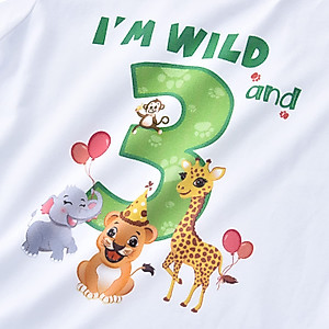 Baby Boy 3rd Birthday T-Shirt - I’m Wild and 3 Jungle Animals Birthday Top Tee Toddler Jungle Animal Birthday Party T Shirt Gift Cotton Printed Short Sleeve Outfit(White, 3 T)