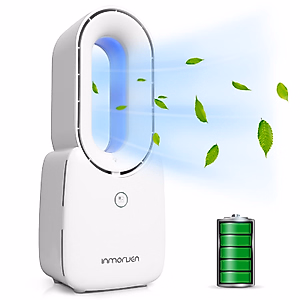 CONBOLA Rechargeable Desk Fan, Bladeless Battery Operated Fan Small USB Quiet Table Fan, 11.8 Inch Personal Fan with Touch Control 5-Colors Decorative LED Light for Office Bedroom（White）