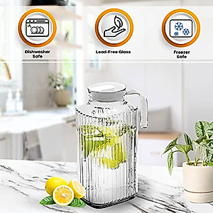 Xabono 1.8 L (62.5 oz) Glass Pitcher with Lid 2 Quart Pitcher with Lid Strong Glass Glass Pitcher Fridge Glass Water Pitcher Juice Sangria Ice Tea Glass Milk Bottle with Lid Glass Handle Glass Carafe