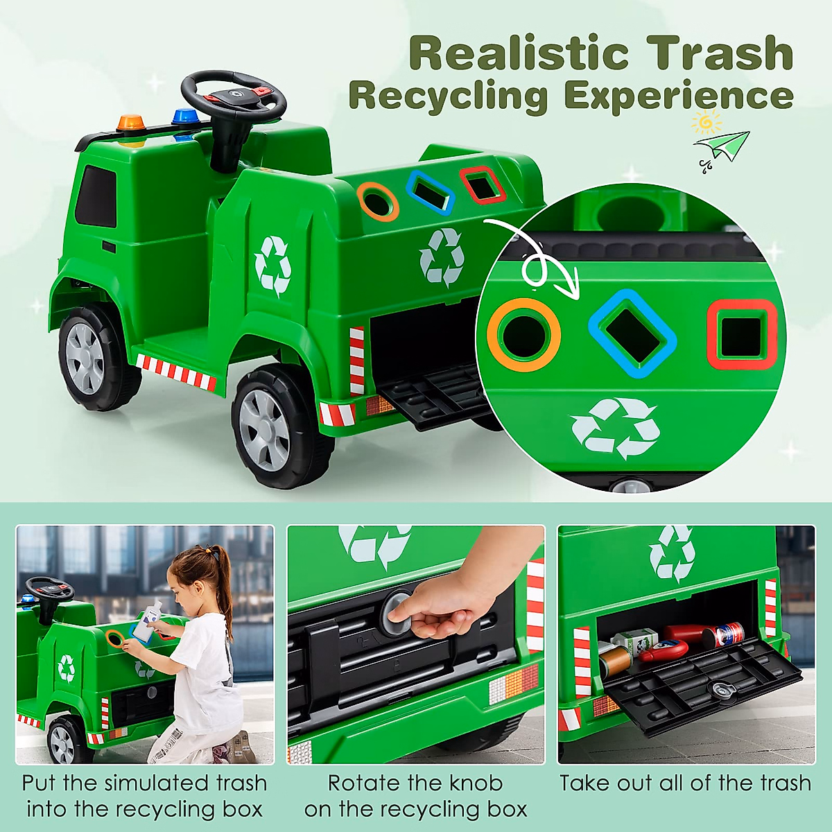 Costzon Ride on Car, 12V Battery Powered Recycling Garbage Truck w/Remote Control, Warning Lights, Music, Horn, 6 Recycling Accessories, Ride on Truck Toy for Kids 3-8 Years Old (Green)