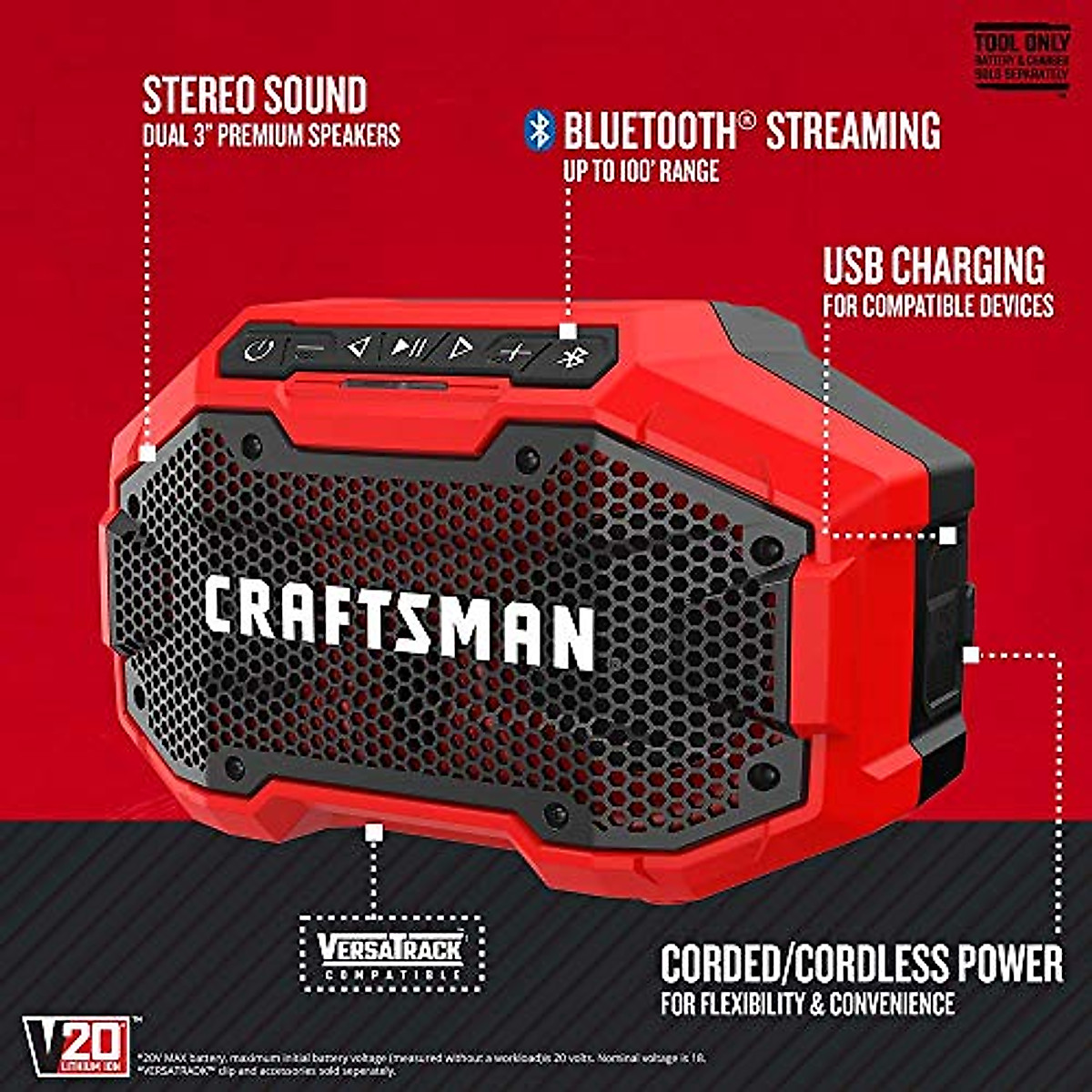 CRAFTSMAN V20 Bluetooth Speaker, Tool Only (CMCR001B) , Red