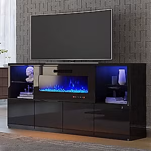 Amerlife 68" TV Stand with 40" Electric Fireplace, Modern High Gloss Media Entertainment Center with LED Lights for TVs up to 78", TV Console Cabinet with Glass Shelves Lower Storage, Black