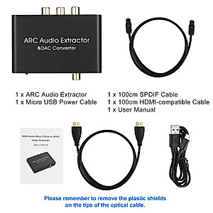 HDMI ARC Audio Extractor 192KHz DAC Converter ARC Audio Extractor Support Digital HDMI Audio to Analog Stereo Audio RCA L/R Coaxial SPDIF and 3.5mm Jack ARC Audio Adapter for TV