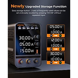 Eventek DC Power Supply, 30V/5A Variable Power Supply with Encoder Adjustment Knob, Memory Switching Bench Power Supply with 4-Digits LED Display, 5V/3.6A USB Output & Banana Plug Lead