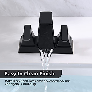 NEWATER 2-Handle Waterfall Brass Bathroom Sink Faucet 4-Inch Centerset 2-3Hole RV Modern Bath Vanity Faucets Mixer Tap Deck Mounted with Metal Pop Up Drain & Supply Lines，Matte Black