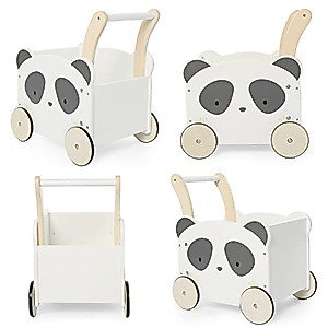 Panda Wooden Baby Push Walker - 2-in-1 Toddler Push & Pull Toys Learning Walker Stroller Walker with Wheels for Baby Girls Boys 1-3 Years Old