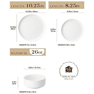 MALACASA Plates and Bowls Sets, 12 Pieces Porcelain Dinnerware Sets Dishware Sets Chip Resistant Ceramic Dish Set Dining Dinner Ware Service for 4, White, Series LUNA