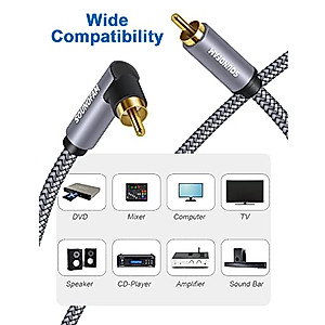 90 Degree RCA Cable SOUNDFAM Subwoofer Cable Right Angle Digital Coaxial RCA Cable Male to Male Vidio Audio Cable Gold-Plated Connectors for Home Theater, HDTV, Home Stereo and DVD- Grey (6.6ft/2m)