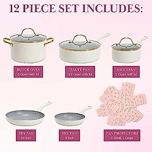Paris Hilton Epic Nonstick Pots and Pans Set, Multi-layer Nonstick Coating, Tempered Glass Lids, Soft Touch, Stay Cool Handles, Made without PFOA, Dishwasher Safe Cookware Set, 12-Piece, Cream