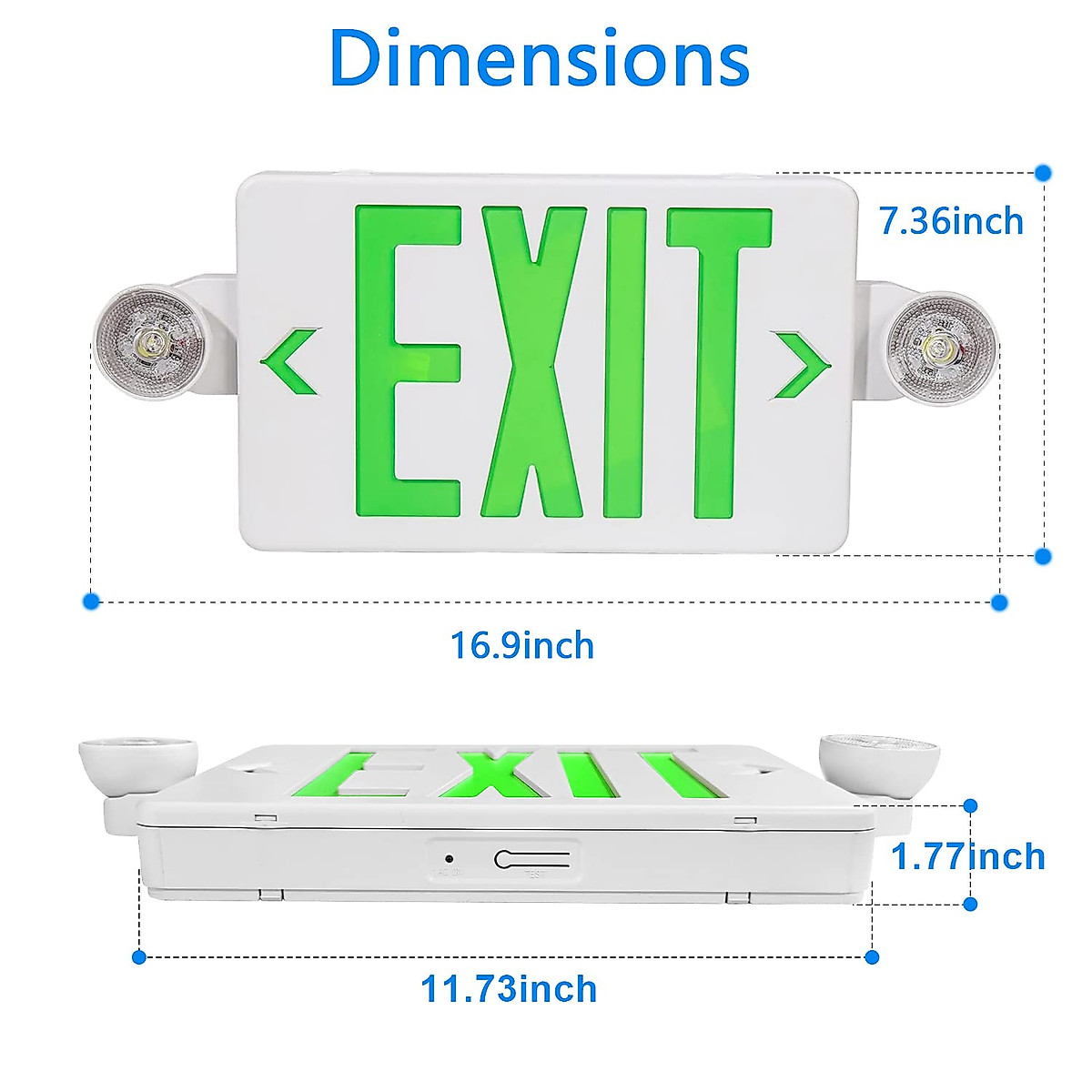 Green LED Exit Sign Emergency Light Combination Adjustable Two Heads and Battery Backup, US Standard Commercial Emergency Exit Lighting, Fire Resistant UL 924 AC 120/277V (4-Pack)