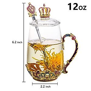 Youeon 12 Oz Enamel Glass Tea Cup with Lid and Spoon, Fancy Tea Cup with Crown, Clear Glass Cup with Gift Box, Handmade Glass Coffee Mug for Women, Girls, Birthday, Mother's Day, Valentines Day