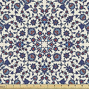Ambesonne Orient Fabric by The Yard, Moroccan Floral Pattern Victorian Rococo Baroque Design, Decorative Fabric for Upholstery and Home Accents, 2 Yards, Cream Indigo