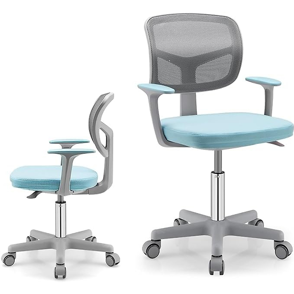 LDAILY Kids Desk Chair, Adjustable Height Computer Chair with Wheels, Armrest, Y-Shaped Lumbar Support, Soft Cushion, 360°Swivel Small Office Chair for Girls Boys Student Aged 4-12 (Blue)