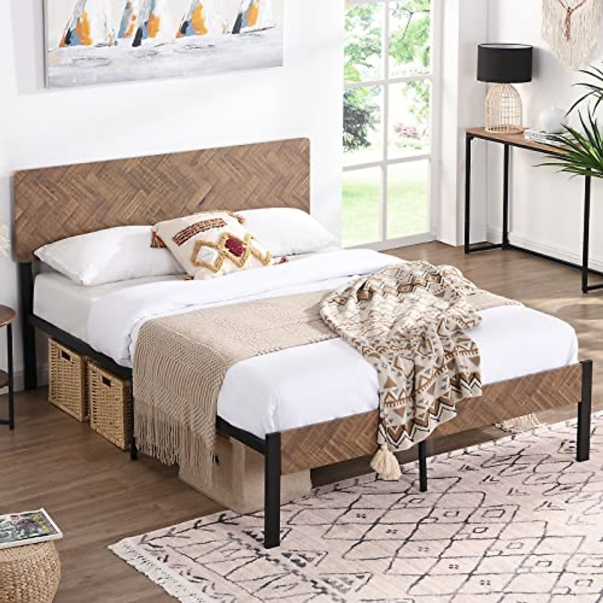 ANITA Queen Size Bed Frame with Wood Headboard, High Profile Platform Bed Frame 12.4 inch Storage Underneath / Metal Slat Support / Rustic Boho Style