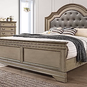 Furniture of America Apollinarius Transitional Wood 3-Piece Set, Tufted Headboard King-Size Bed and 3-Drawer Nightstand for Bedroom, Antique Warm Gray