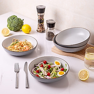 AmorArc 8.5'' Stoneware Pasta Bowls, 32oz Large Speckled Bowls Set of 4 for Kitchen, Wide & Flat Bowls for Pasta,Salad,Oatmeal, Microwave&Dishwasher Safe, Matte Gray