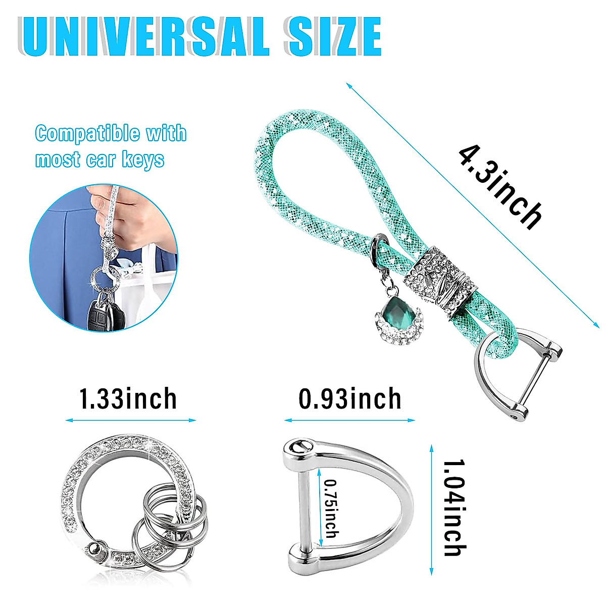 Ziciner Bling Crystal Car KeyChains for Women & Girls, Car Key Chain Glitter Key Ring, Universal Bling Key Chain Accessories (Green)