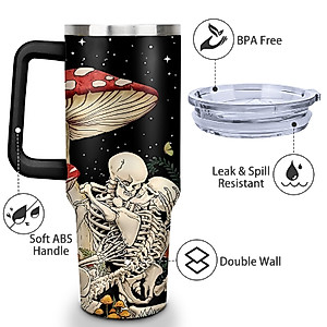 thmasamwr Mushroom Tumbler with Lid and Straw, Stainless Steel Mushroom 40oz Tumbler with Handle, Black Mushroom Travel Coffee Mug Mushroom Gifts Cups for Women and Men