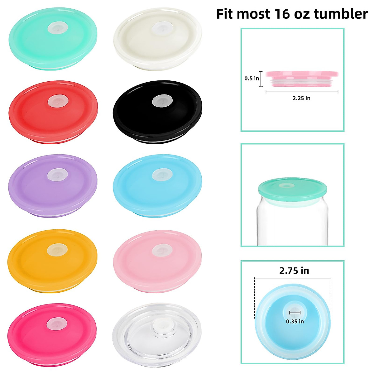 Colorful Acrylic Lids for 16 oz Glass Cups, Spill Proof and Reusable Tumbler Replacement Lids, Suitable for Beer Cans, Water Cups and Glasses(10 Pcs)