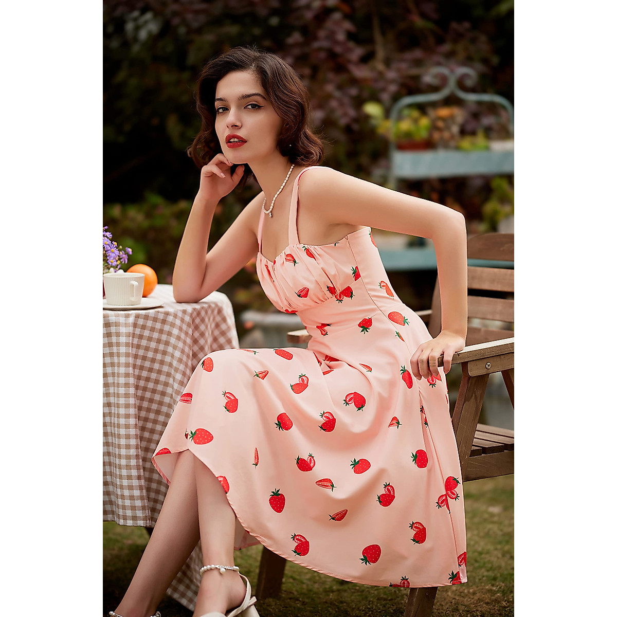 Retro Dresses for Women Vintage 1950s Dresses Floral A-Line Swing Midi Sun Dresses Women Summer Strawberry X-Large