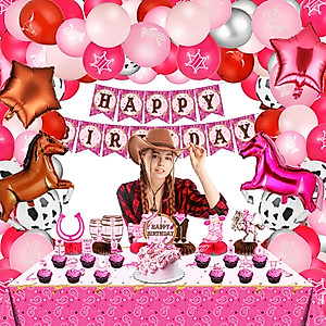 Glimin Western Cowgirl Birthday Party Decorations Retro Horse Rodeo Party Supplies for Girls Include Tablecloth, Banner, Honeycomb Centerpieces, Cupcake Toppers, Balloons, Star Horse Foil Balloons