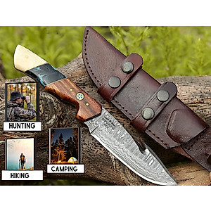 SHOKUNIN USA CaptainHook Hunting Knife High Carbon Steel Damascus Fixed Blade Full Tang Survival Tactical Knife with Sheath and Non-Slip Ergonomic Handle for Outdoor Camping