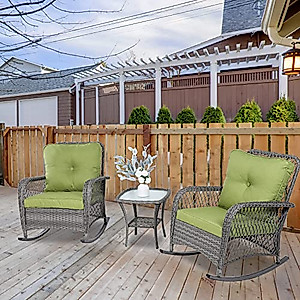 VONZOY Outdoor Rocking Chairs, Wicker Patio Furniture with Green Thickened Cushion for Porch Balcony Deck