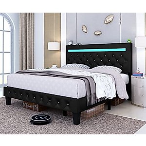 Benevika King Size Bed Frame with LED Light Leather Platform Bed Frame with Adjustable Upholstered Headboard, Over 60000 Colors, APP Control LED Lights, No Box Spring Needed, Black