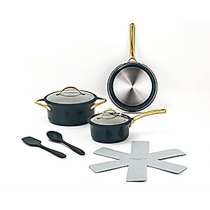 PHANTOM CHEF 8 Piece Luxe Cookware Set | Non-Stick Ceramic Coating | Oven & Dishwasher Safe | PFOA-Free | Aluminum Pots & Pans Set with Glass Lids | Induction Stovetop Compatible (Navy)