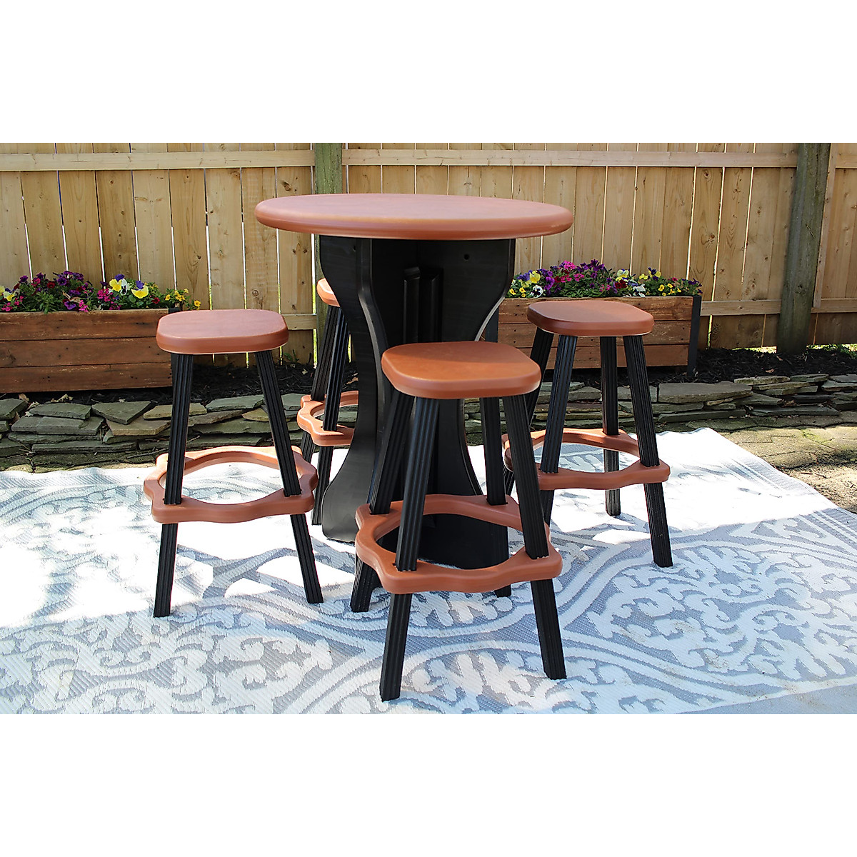 Leisure Accents Patio Table Set with Four Barstools - Black Base with Redwood Accents - Perfect for Patio and Outdoor Spaces. Hardware Free Easy Assembly. Proudly Made in USA