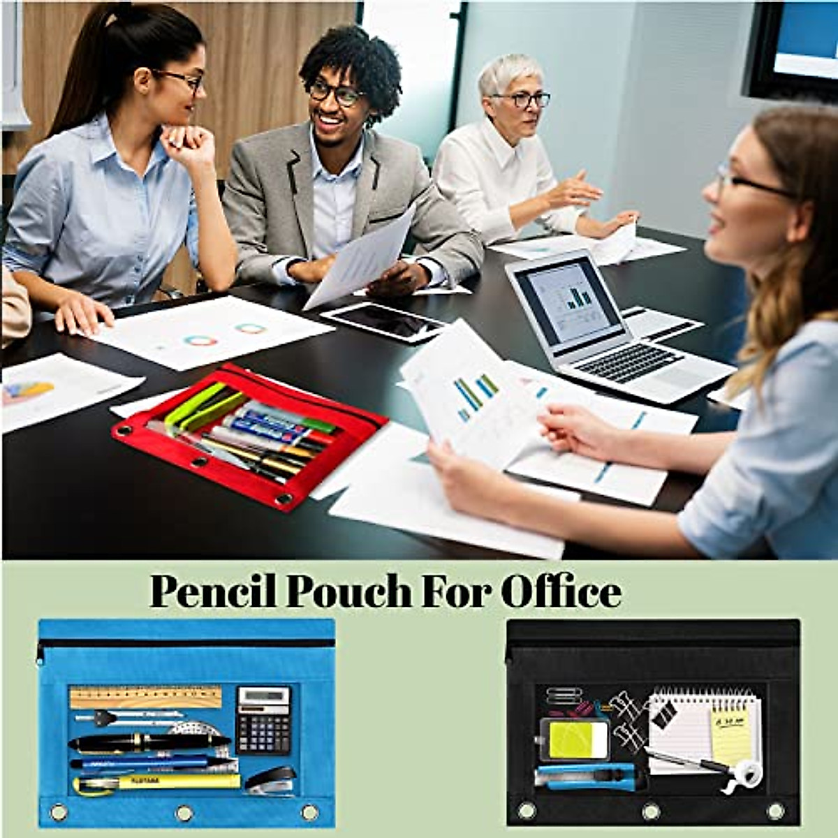 Pencil Pouch for 3 Ring Binder, Bulk 6 Pack Binder Pencil Pouch with Zipper, 3 Ring Pencil Pouch with Clear Window, Durable Cloth 3 Holes Zippered Pencil Pouch for Office School College Supplies