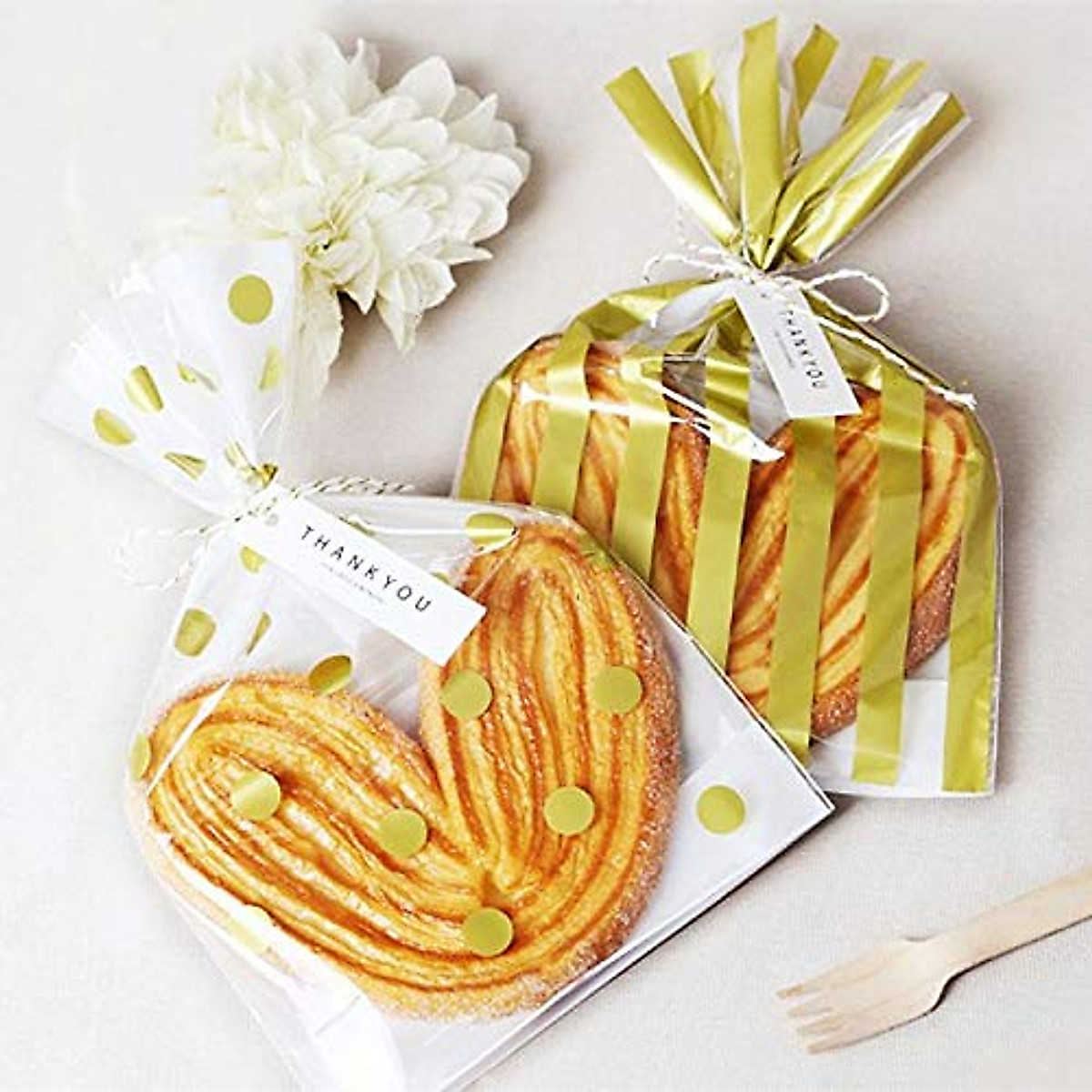 SBYURE Clear Cello Bags Plastic Gold Polka Dot Candy Bags 6x10 inch for Treat Candy Cookie Bakery Party Favor Bags,Pack of 100 with Gold Twist Ties
