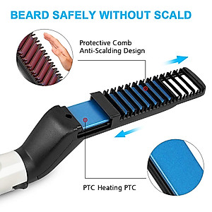 Beard Straightener for Men-Electric Hot Beard Straightener Brush Multifunctional Beard Hair Straightening Comb with 30S Fast Heating and Anti-Scald Feature Great for Home Travel (Blue)