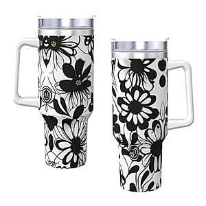 HULIBIN Black and White Flowers Print Double Deck Stainless Steel Travel Coffee Cup With Lid 40 Oz Ice Bully Cup