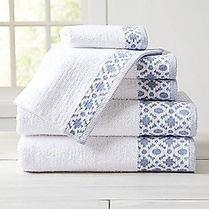 100% Turkish Cotton Luxury Towel Set | Super Soft and Highly Absorbent | Textured Dobby Border | 550 GSM | 2 Bath Towels, 2 Hand Towels, & 2 Washcloths | Nitra Collection (White / Denim Blue)