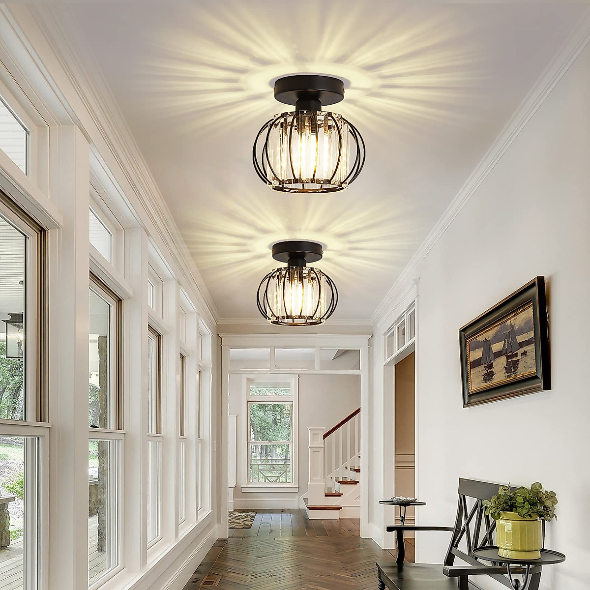 YYJLX 2 Pack Semi Flush Mount Ceiling Light Fixture Modern Small Crystal Chandelier Mini Indoor Ceiling Lamp for Bathroom Hallway Foyer Porch Hall Closet（Black）