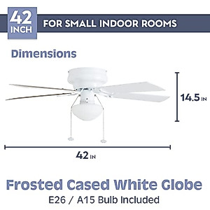 Prominence Home Alvina, 42 Inch Traditional Flush Mount Indoor LED Ceiling Fan with Light, Pull Chain, Dual Finish Blades, Reversible Motor - 80092-01 (White)